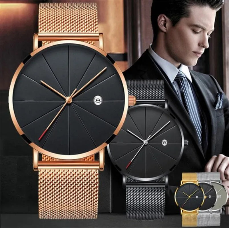 Simple Men'S Watch Stainless Steel Mesh Band Watches Business Classic ...